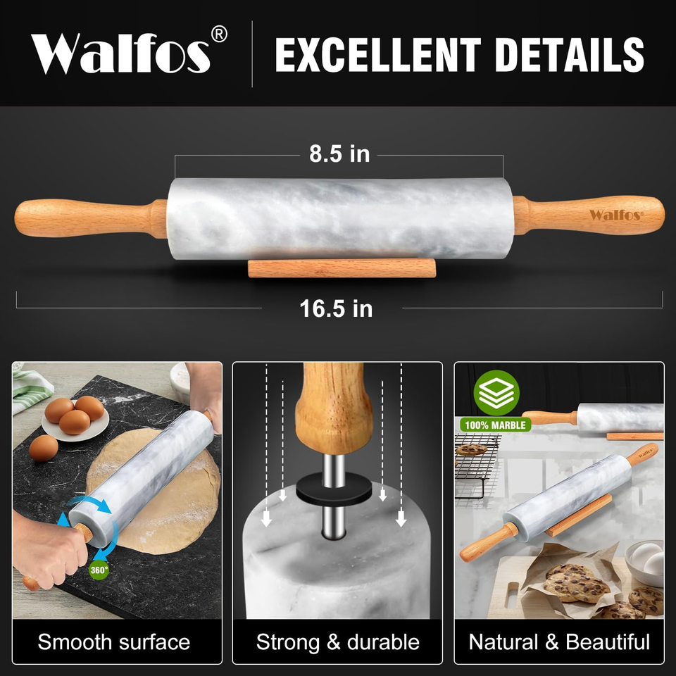 Marble Rolling Pin with Wooden Handles & Wood Cradle, 16.5 Inch Marble ...