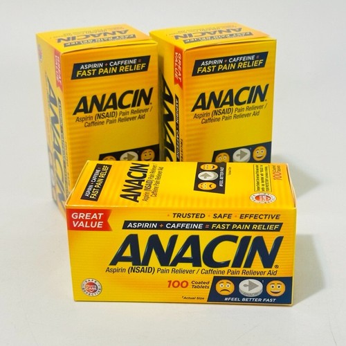 3x 100: Anacin Aspirin Caffeine 400mg & 32mg Pain Reliever Exp. 02/2026 ...