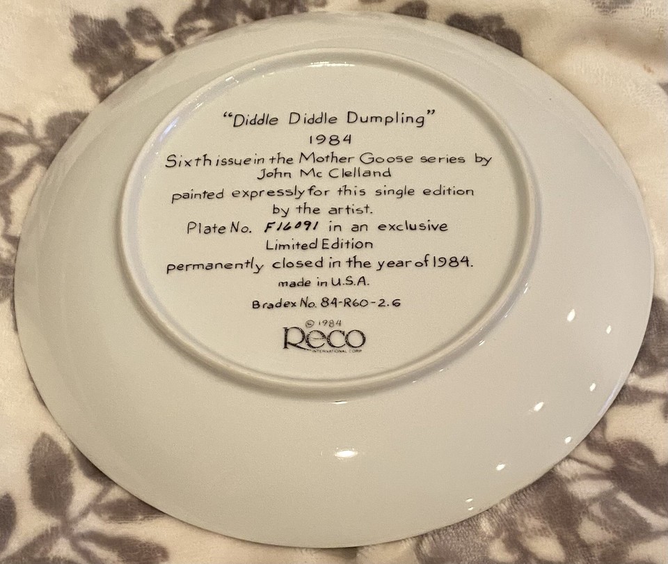 Reco Diddle Diddle Dumpling 1984 6th Plate Mother Goose Series F6006 ...