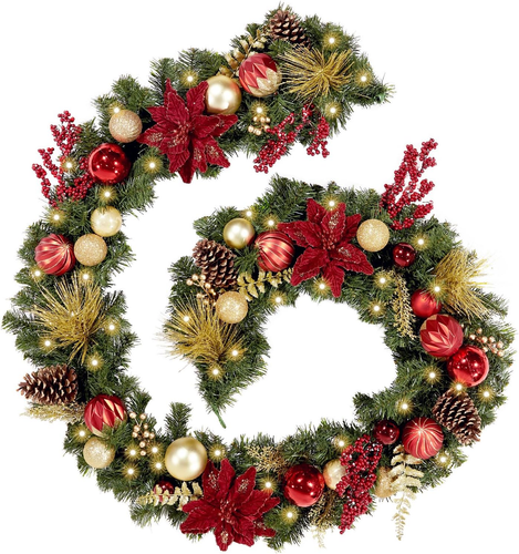 Pre-Lit 9 Feet/108 Inch Christmas Garland Classic Red&Gold Themed with ...