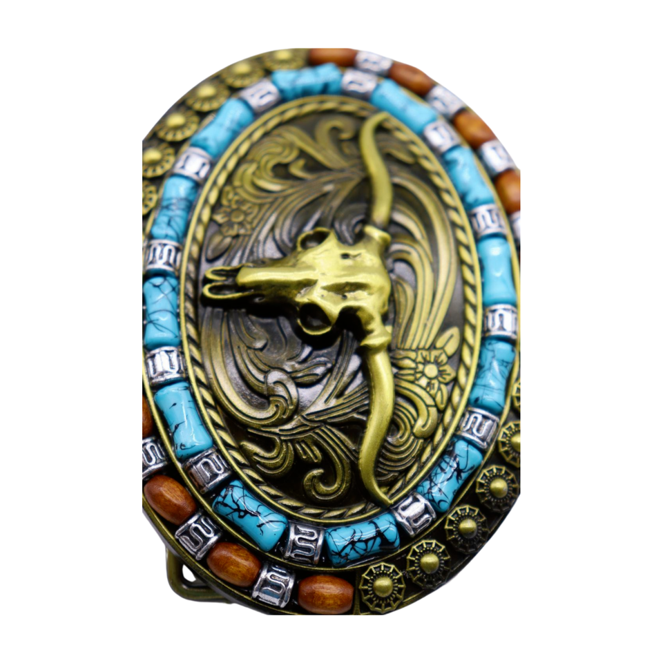 Men Antique Gold Metal Buckle Western Fashion Bull Long Horns Cow ...