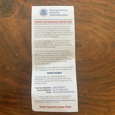 TSA Notice Of Baggage Inspection - Authentic | eBay