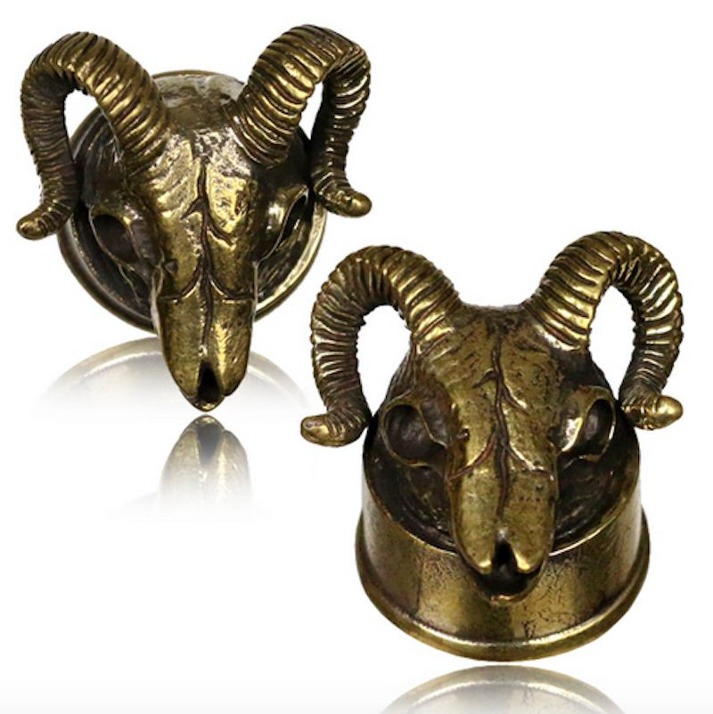 PAIR ANTIQUED GOAT RAM SKULL TUNNELS PLUGS TRIBAL GAUGES TUNNEL PLUG ...
