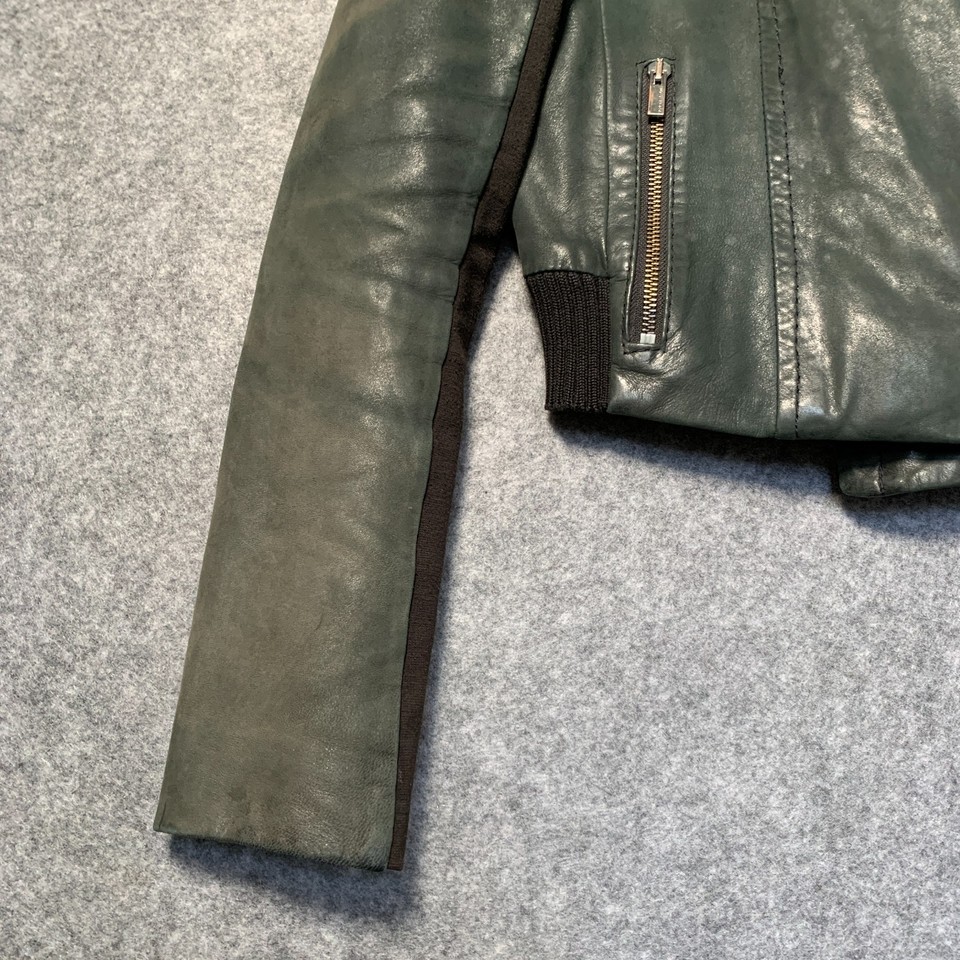 BCBGMAXAZRIA Womens Leather Bomber Jacket Green Fleece Collar Zipped ...