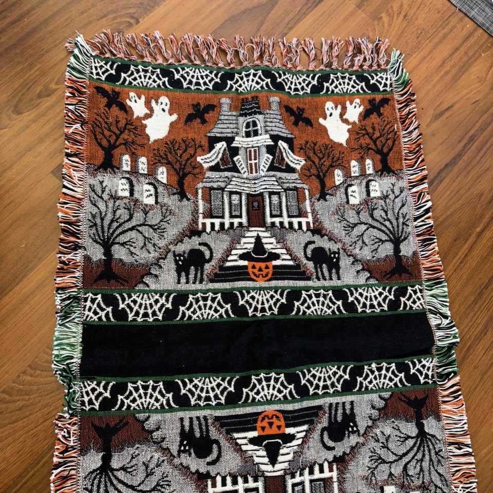 Vtg Halloween Spooky Haunted Mansion Ghost Black Cat Spider Rug Wall ...