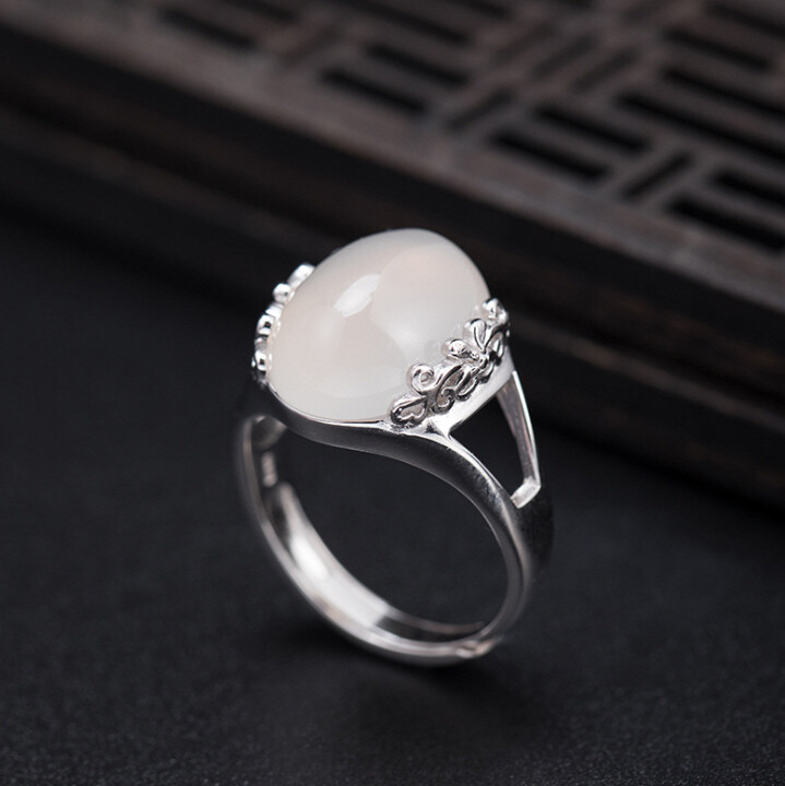 I04 Ring Oval White Chalcedony Sterling Silver 925 Size 18 Adjustable ...