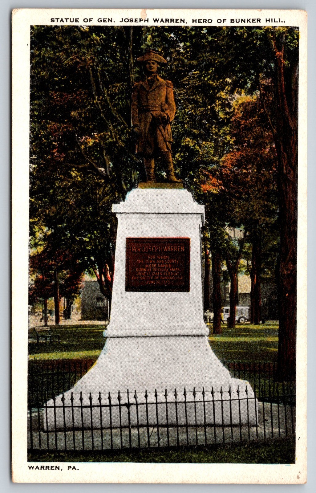 Postcard Pennsylvania Warren Statue General Joseph Warren 11R | eBay