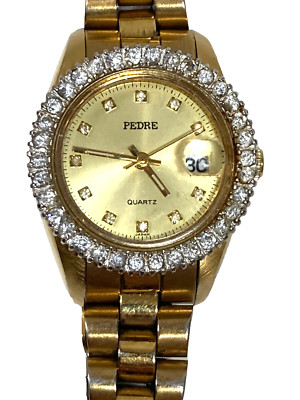 VINTAGE PEDRE WOMAN'S GOLD TONE RHINESTONE WRIST WATCH, DAY DISPLAY | eBay
