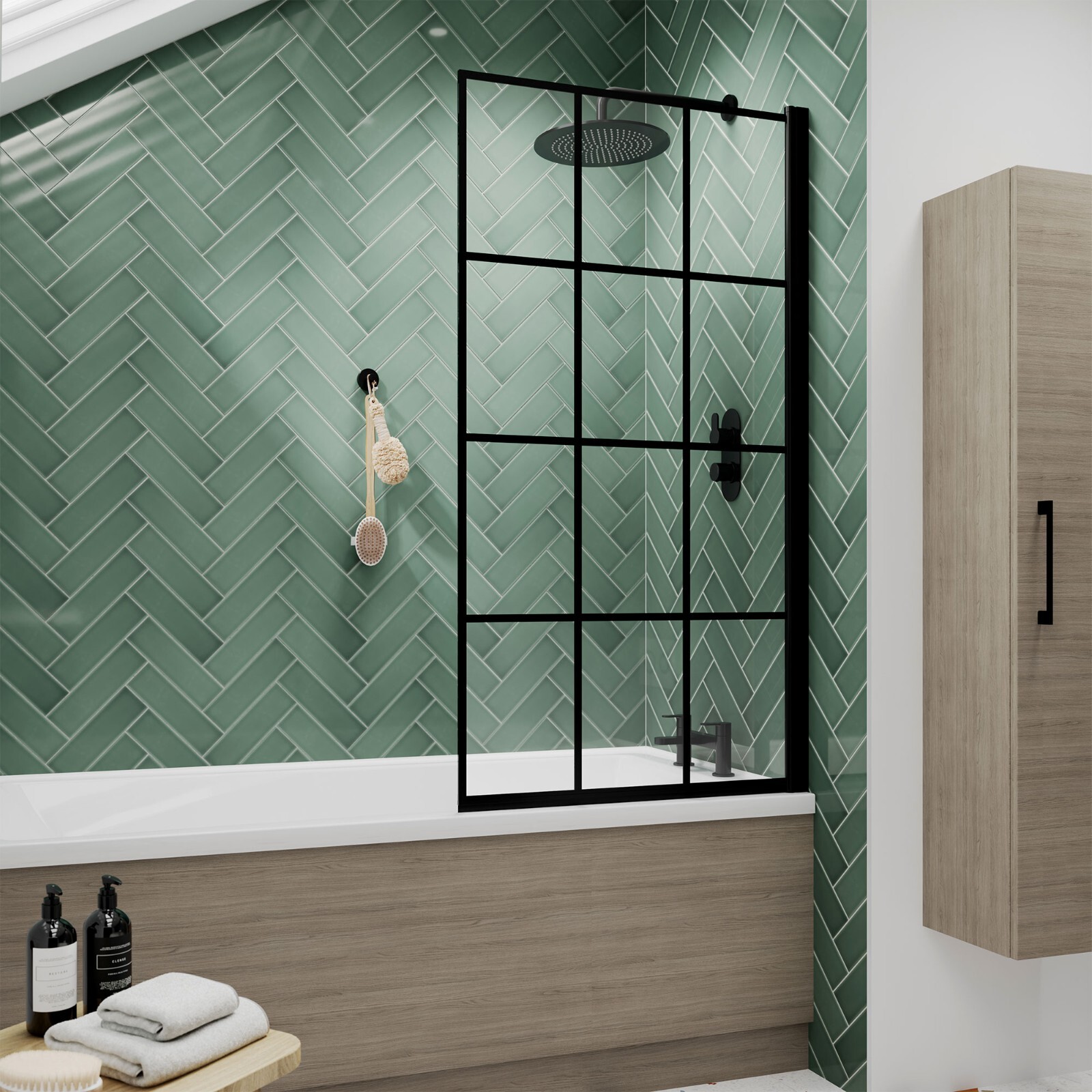 Designer Matt Black Bath Shower Screen Abstract Grid 6mm Safety Glass ...