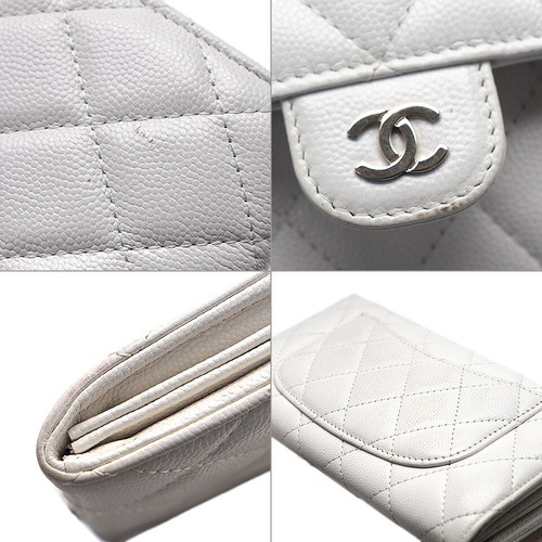 Chanel Matelasse Classic Long Flap Wallet Ap0241 Caviar Skin White Gold ...