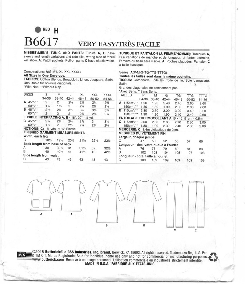 See & Sew Pattern B6617 Unisex Caftan Tunic and Pants Sizes Sml-XXXL ...