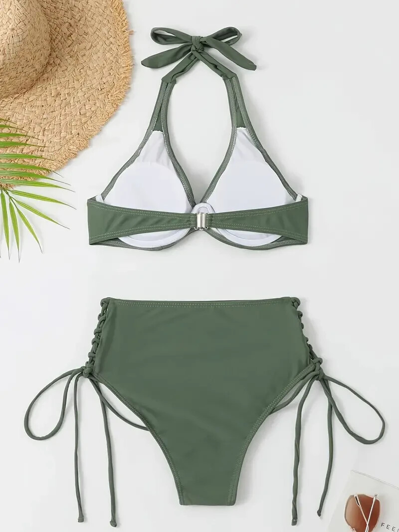 Sexy Lace Up Side Underwire Army Green Bikini Set Halter Neck Criss ...