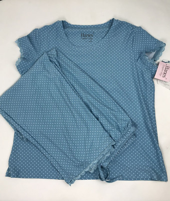 Hanes Comfort Sleep Pajama Set Women's L Short Sleeve Pants Turq/Wht ...