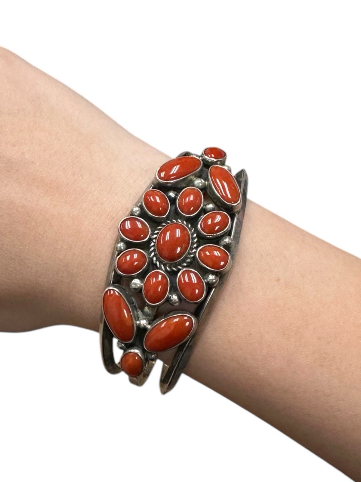 Sterling Silver Navajo Red Coral Cluster Cuff Bracelet - Gem