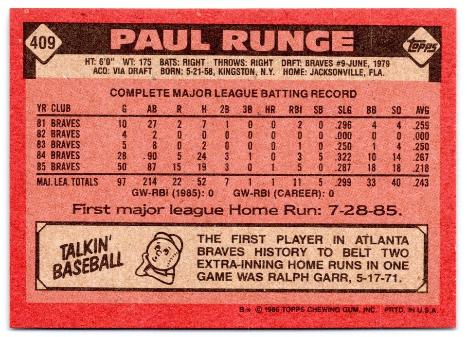 PAUL RUNGE RC 1986 TOPPS 86 NO 409 NRMINT+ 56302 | eBay