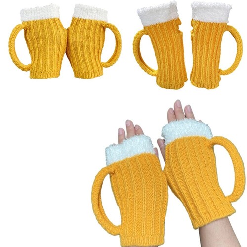 Yellow 3D Beer Mug Gloves Woolen Yarn Knitting Warm Gloves Autumn and ...