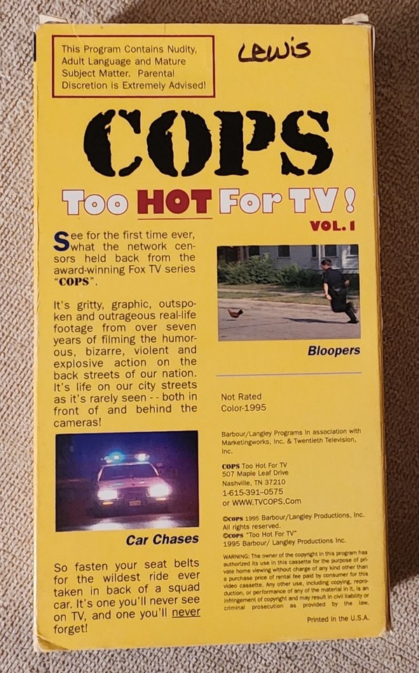 COPS Too Hot for TV Volume 1 VHS Video Tape 1995 Barbour Langley ...