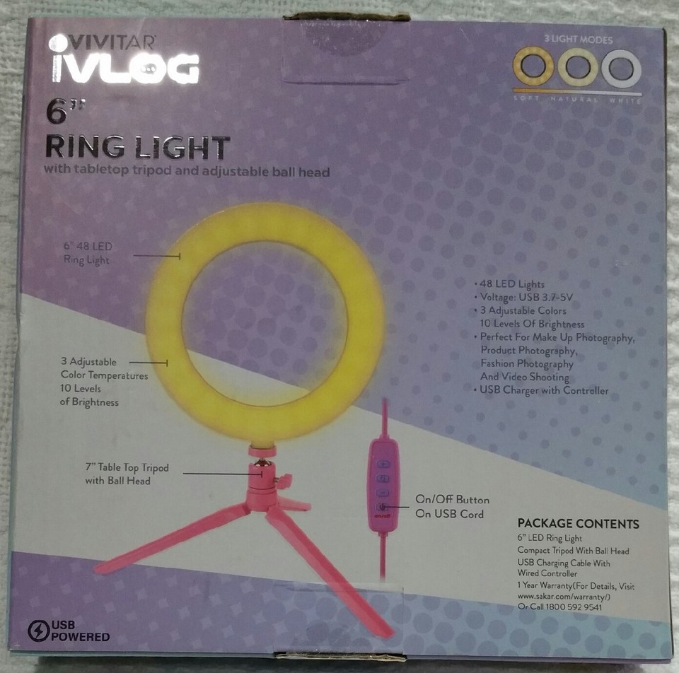 Vivitar Ivlog 6" Ring Light With Table Top Trpod and adjustable ball head | eBay