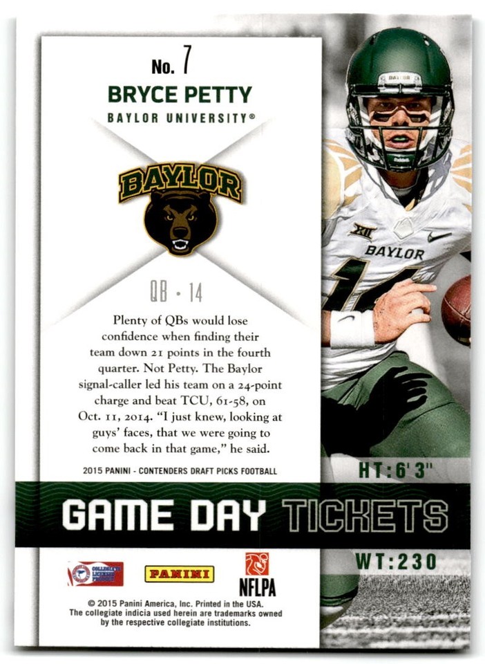 2015 Panini Contenders Draft Picks #7 Bryce Petty Game Day Tickets ...