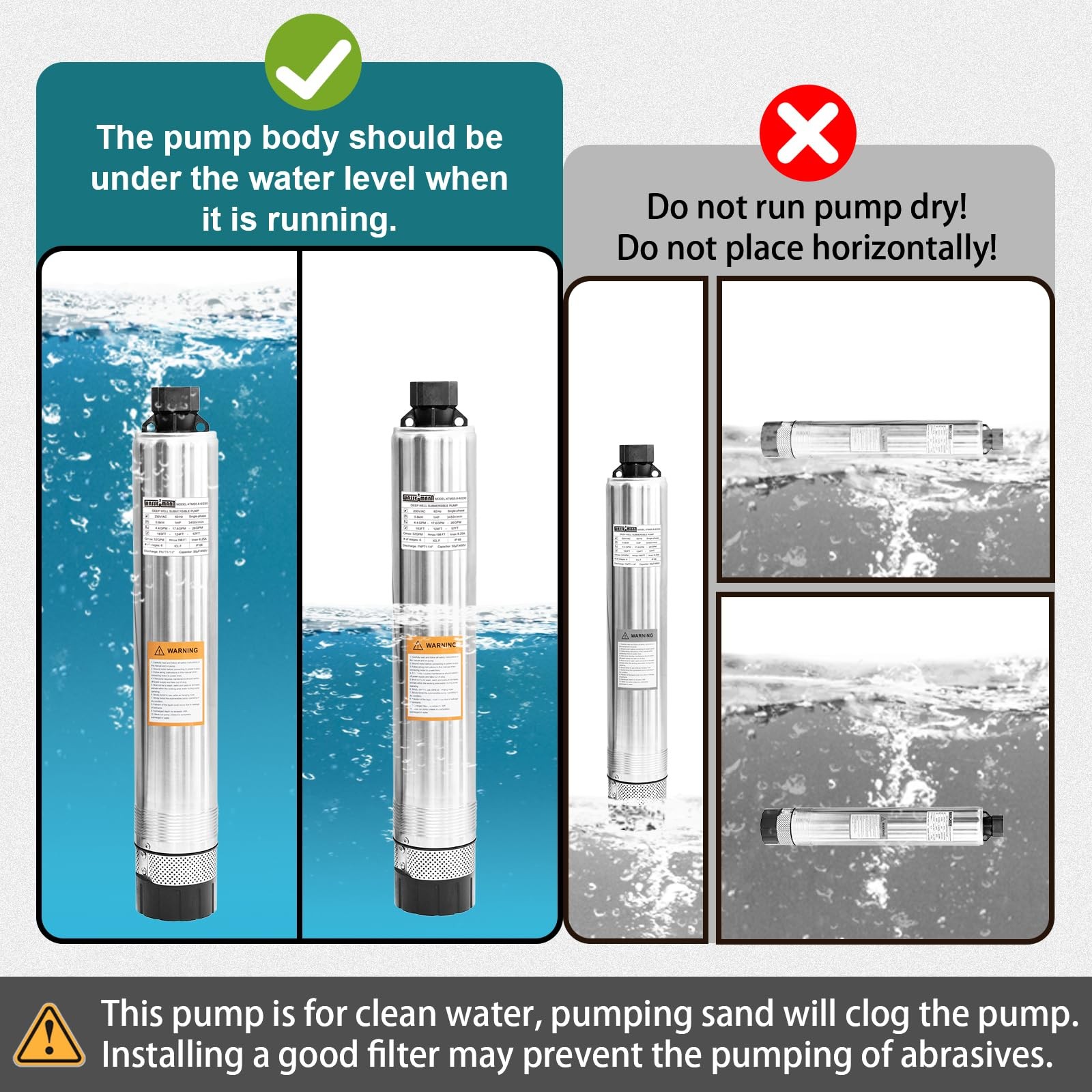 4" Septic Submersible Effluent/Cistern Bottom Suction Pump With 33FT ...