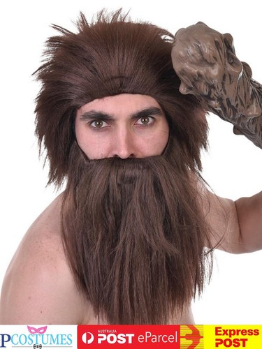 Men Caveman Costume Brown Wig Hair Beard Moustache Stone Age Tarzan ...