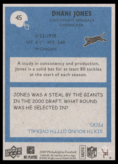 2009 Philadelphia #45 Dhani Jones Cincinnati Bengals Football Card | eBay