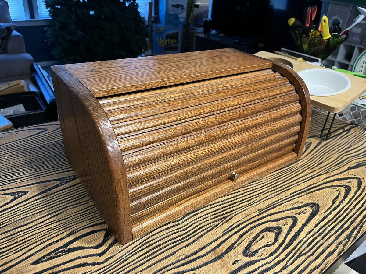 Vintage Wooden Roll Top Bread Box Amish Made Solid Wood Roll Top Bread
