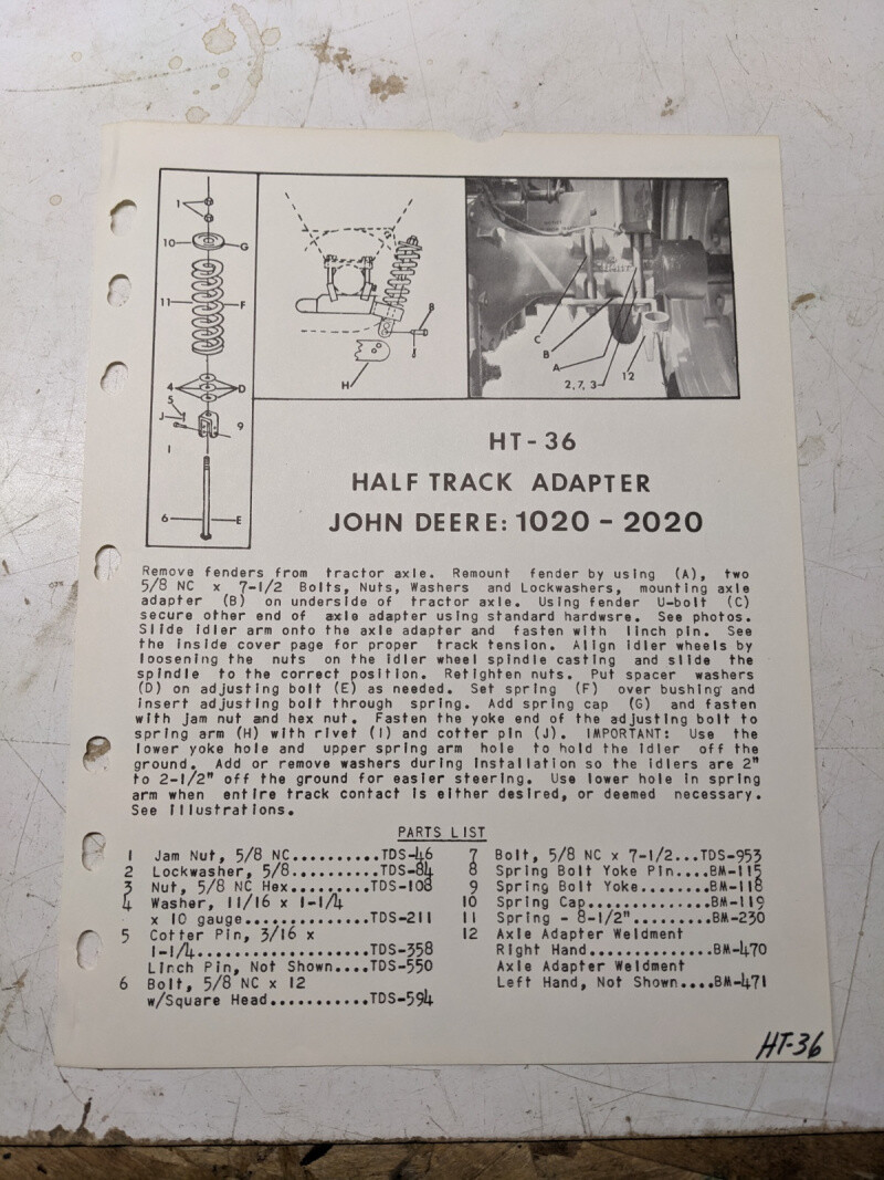 ARPS HALF TRACK ADAPTER PART LIST JD JOHN DEERE TRACTOR HT-36 1020 2020 ...