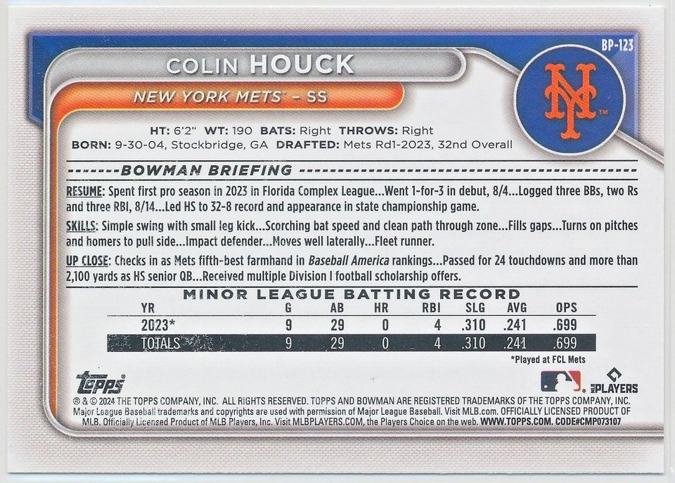 2024 Bowman Baseball - Colin Houck - New York Mets - Prospect - #BP-123 ...