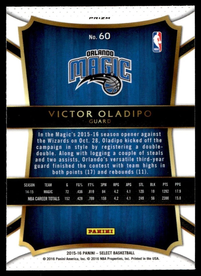 2015-16 Panini Select Tri Color Victor Oladipo Orlando Magic #60 | eBay