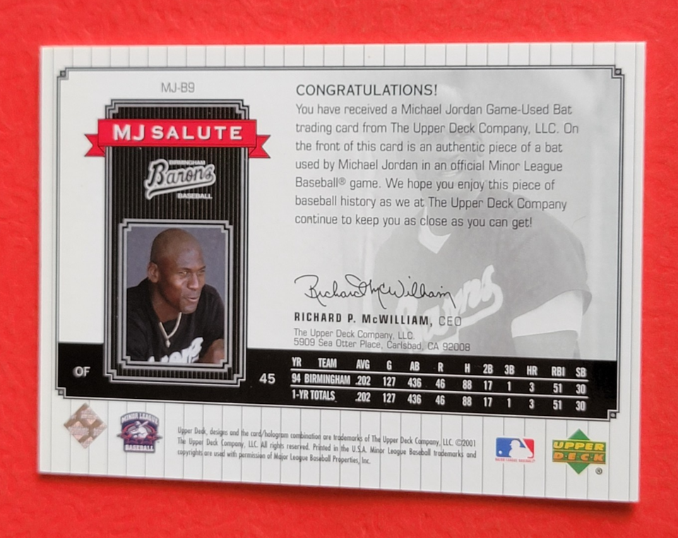 Michael Jordan GAME USED BAT CARD 2001 UPPER DECK MJ SALUTE 1994 WHITE ...