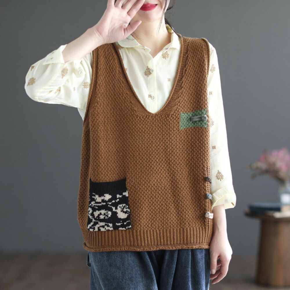 Knitted Women Vest Waistcoat Tank Tops Ethnic V Neck Knitwear Sweater ...