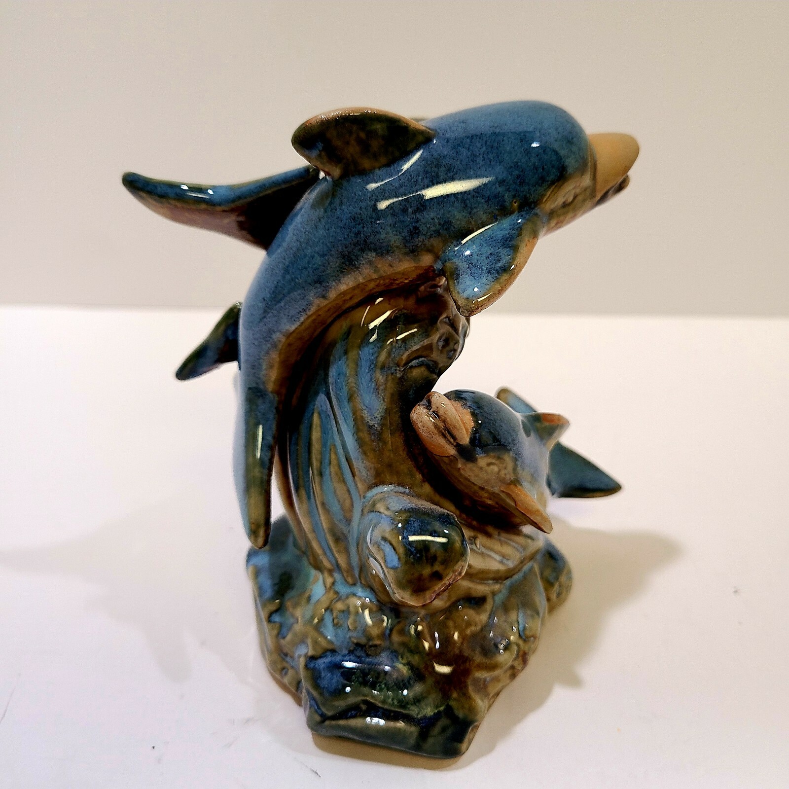 Glazed Pottery Dolphins Figure School Of Dolphins 6" Blue Green Brown | eBay
