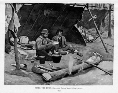 HUNTERS SPORTSMEN AFTER THE HUNT CAMP AX PROVISIONS LEAN TO SHELTER ...
