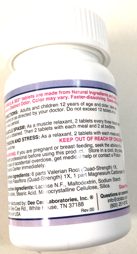 FORMULA 303 NATURAL muscle RELAXANT, Non-GMO, Spasms/Cramps, 60 tablets ...