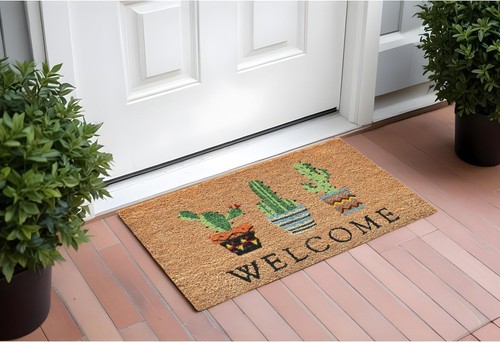 24" X 36" Natural Green and Black Coir Cactus Welcome Outdoor Door Mat ...