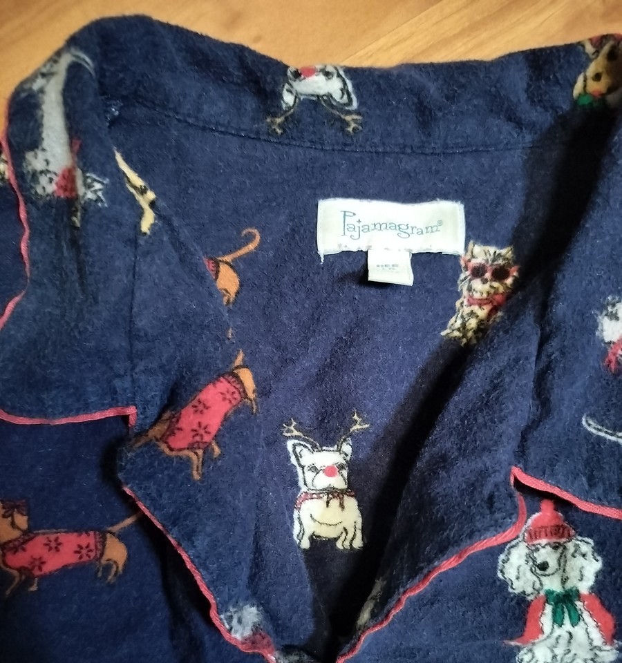 Pajamagram Women’s Sx L Pajama Set Flannel Navy Blue Dogs Button Up ...