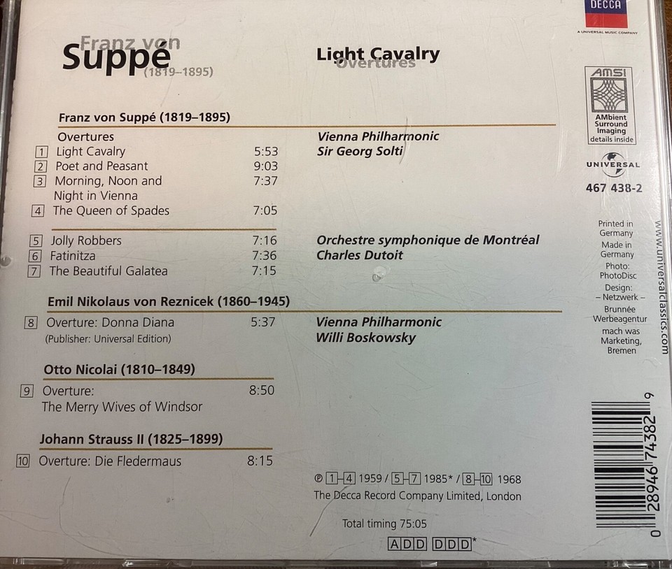 Franz von Suppe: Light Cavalry Overtures - German Import - New Sealed ...