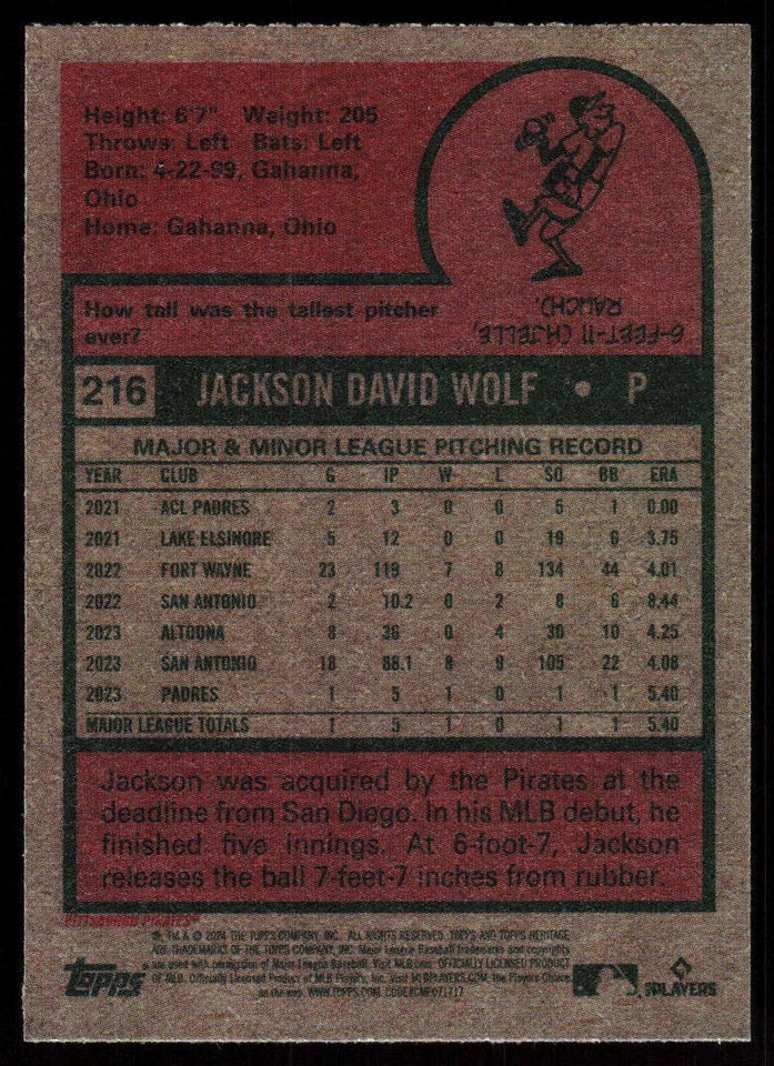 2024 TOPPS HERITAGE JACKSON WOLF #216 Baseball Rookie PIRATES RC | eBay