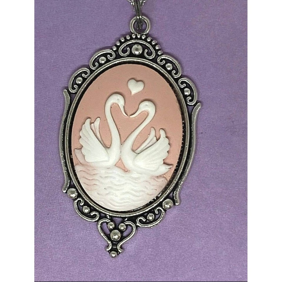 Pink Swan Love Birds Antique Silver Necklace Pendant Chain Cameo ...