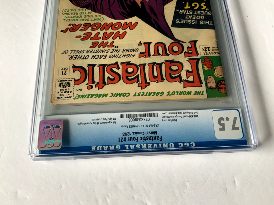 FANTASTIC FOUR 21 CGC 7.5 SGT. FURY 1ST HATE MONGER MARVEL COMICS 1963 | eBay