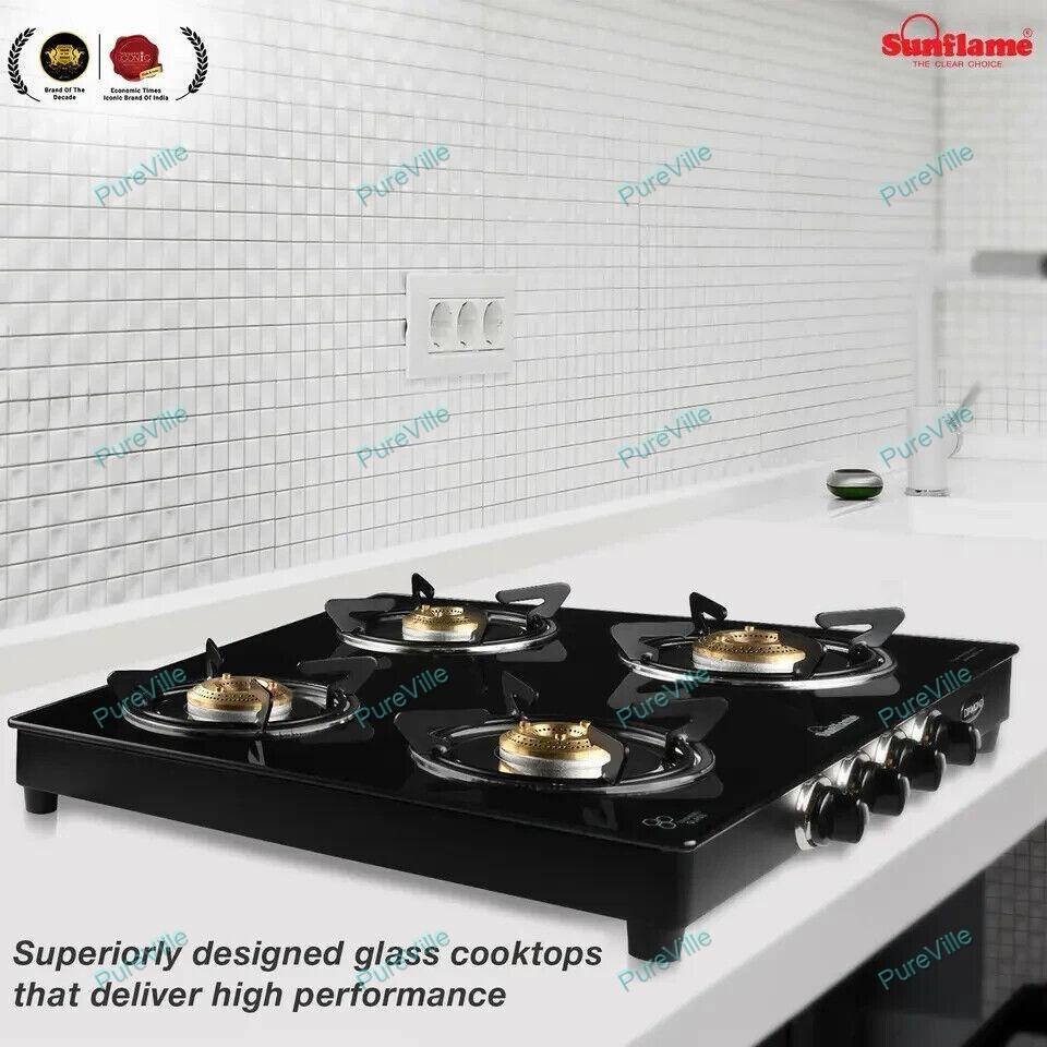 Sunflame Diamond Top 4 Burner Gas Stove BK Glass Iron Black Color Best ...
