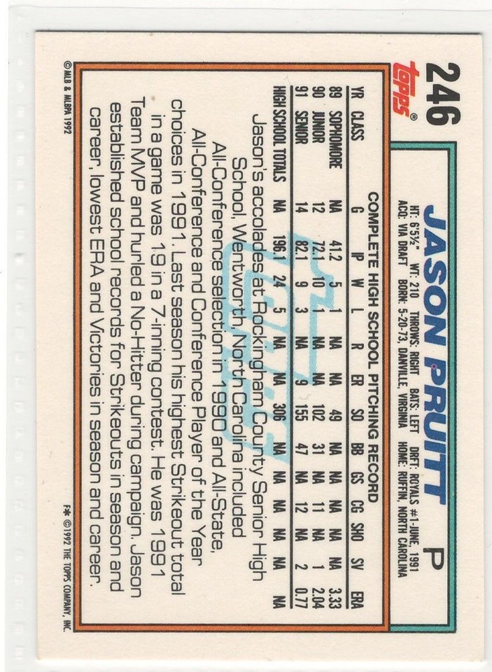 1992 Topps Baseball #246 Jason Pruitt Rookie Card RC Royals | eBay