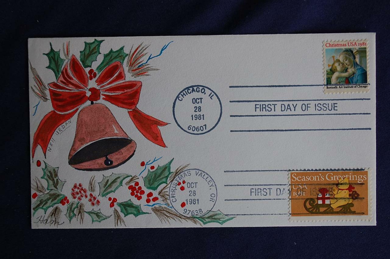 1981 Christmas Teddy Bear & Madonna Stamps FDC HAM HP Cachet Sc#1939-40 ...