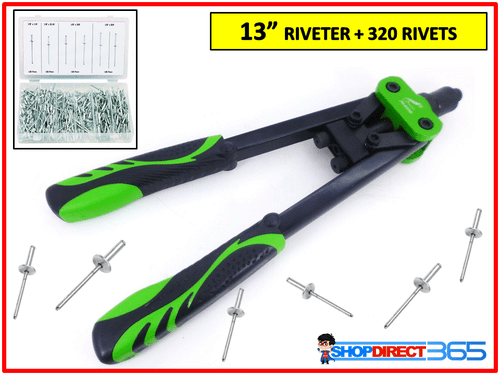 13" HEAVY DUTY RIVET GUN HAND RIVETER TOOL + 320 RIVETS 3 HEAD NOZZLES ...