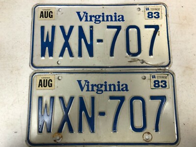 PAIR of August 1983 VIRGINIA License Plates WXN-707 | eBay