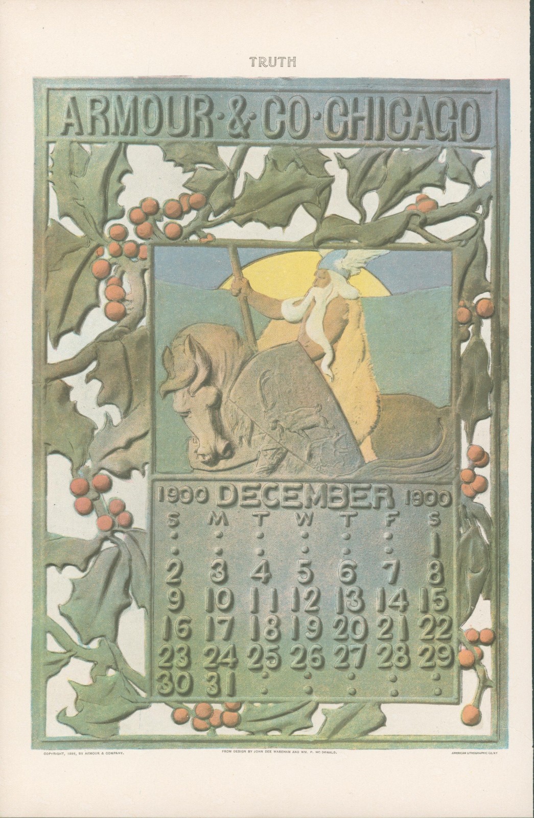 1900 Armour $1000 Prize Calendar December Knight Wareham McDonald Print ...