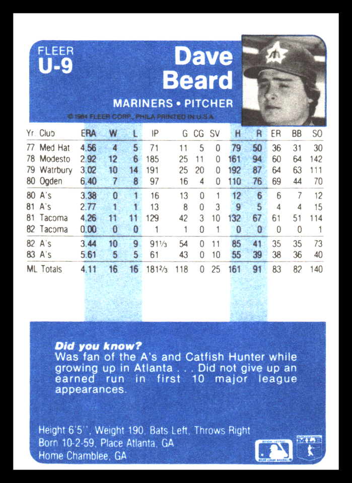 1984 Fleer Update #U-9 Dave Beard Seattle Mariners | eBay