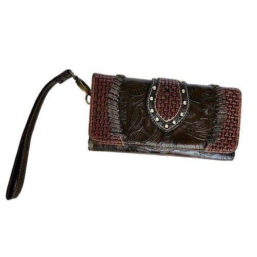 Trinity Ranch Tooled Leather Wallet Womens Brown Embossed Accents Tri-Fold | eBay