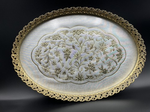 Vintage Mid Century Gold Filigree Oval Vanity Dresser Table Glass Tray ...